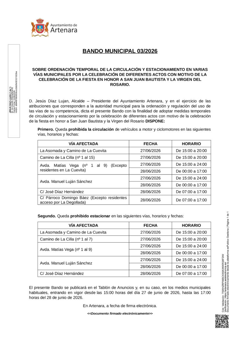 BANDO MUNICIPAL 03/2026 – ORDENACIÓN TRÁFICO CASCO MUNICIPAL POR FIESTA ...